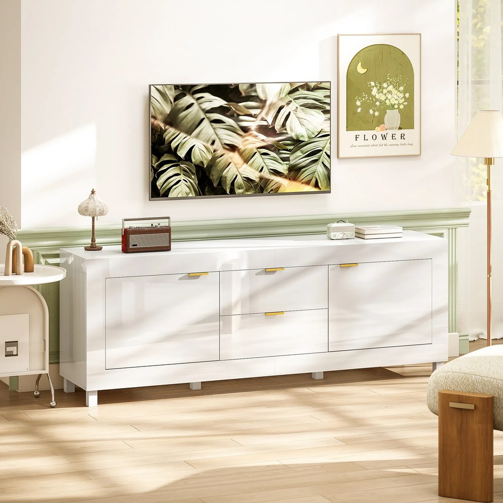 HOMCOM nízký TV stolek pro TV až do 75" – 180 × 40 × 66 cm, bílý vysoký lesk, 2 dvířka s tlumeným dovřením, kabelové vedení a 2 zásuvky