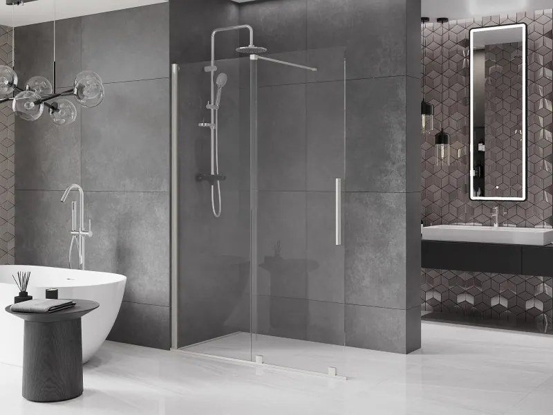 Mexen Velar, sprchová zástěna s posuvnými dveřmi Walk-in 150 x 200 cm, 8mm čiré sklo, broušená ocel, 871-150-000-03-97