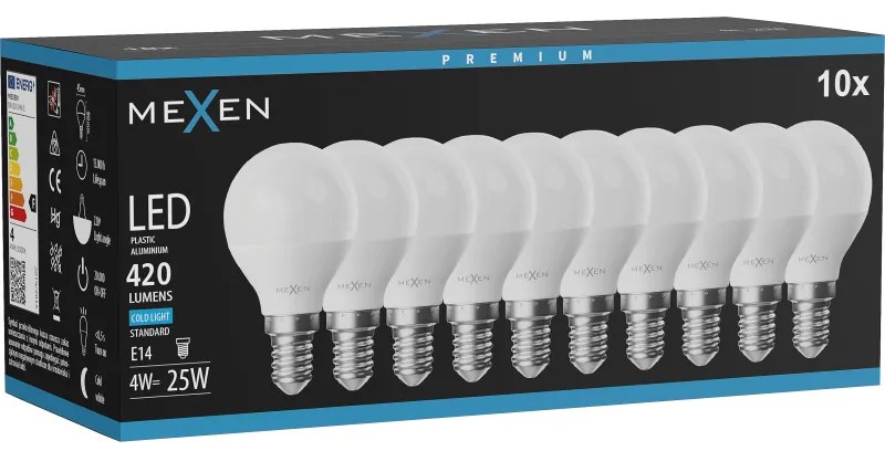 Mexen Nova 10x LED žárovka E14, G45, 4W, Studená - 6500K, 420 lm - L101-E14-0465-01x10