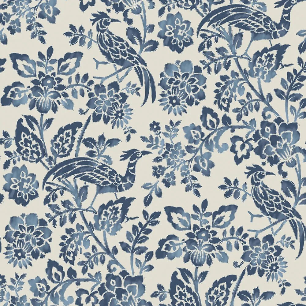 Modro-bílá vliesová tapeta s květinami a ptáky, 121067, Laura Ashley 3