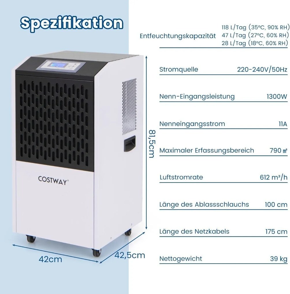 Costway Komerční odvlhčovač 118 l/den s podlahovým ventilátorem