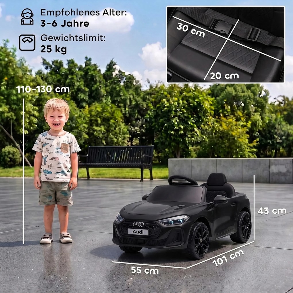 AIYAPLAY Dětské elektrické auto Audi A5L 12V dětské auto s 2,4 G dálkovým ovládáním, 2 motory, lithium baterie, měkký start, 4× pružení 370-511V90BK