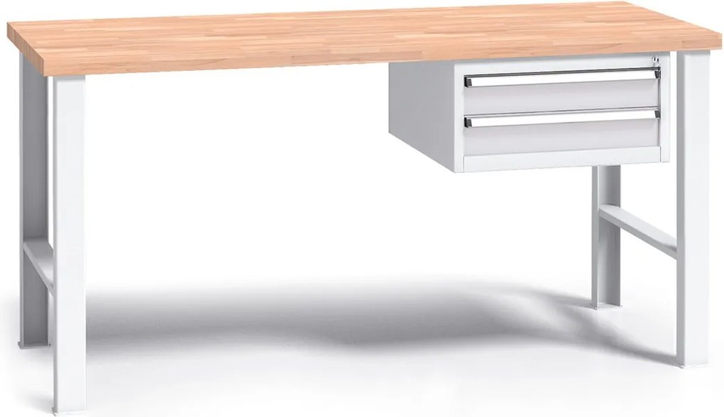 Pracovní stůl do dílny G3 se závěsným boxem na nářadí, buková spárovka, 2 zásuvky, pevné kovové nohy, 1500 mm, šedá