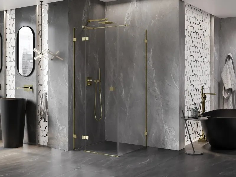 Mexen Lunar T, sklápěcí sprchový kout levý 110 x 110 cm, 8mm čiré sklo, zlatý profil, 834T-110-110-50-00-L