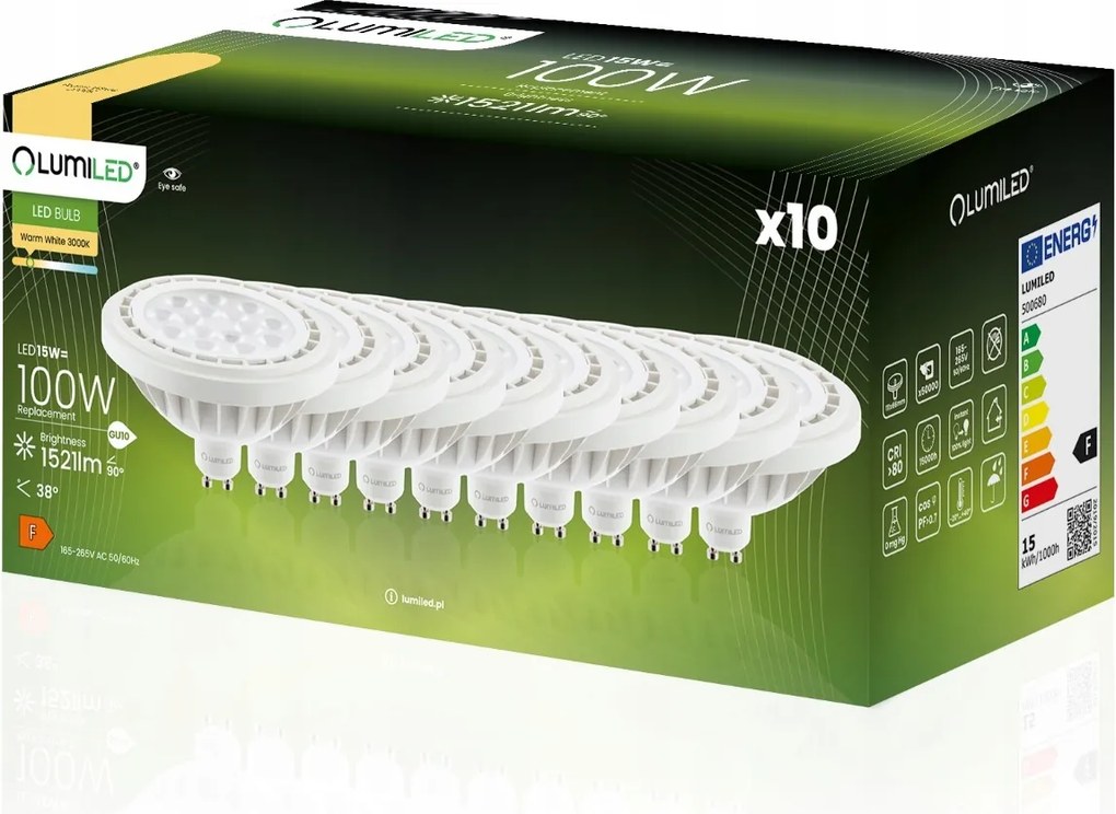 10x Led žárovka GU10 AR111 ES111 15W 100W 1521lm 3000K Teplá 38° Lumiled