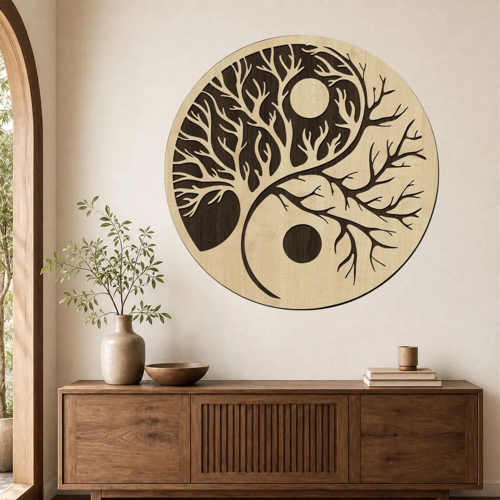 dřevo života 2 dílný dřevěný strom YING YANG na stěnu Zvolte barvu dekoru: Dub Sonoma-Wenge, Zvolte rozměr Ø (cm): 60