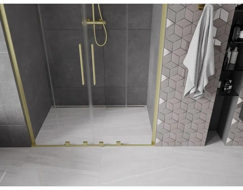 Mexen Velar L Duo, posuvné sprchové dveře do otvoru 140 cm, 8mm čiré sklo, zlatá matná, 871-140-003-02-55