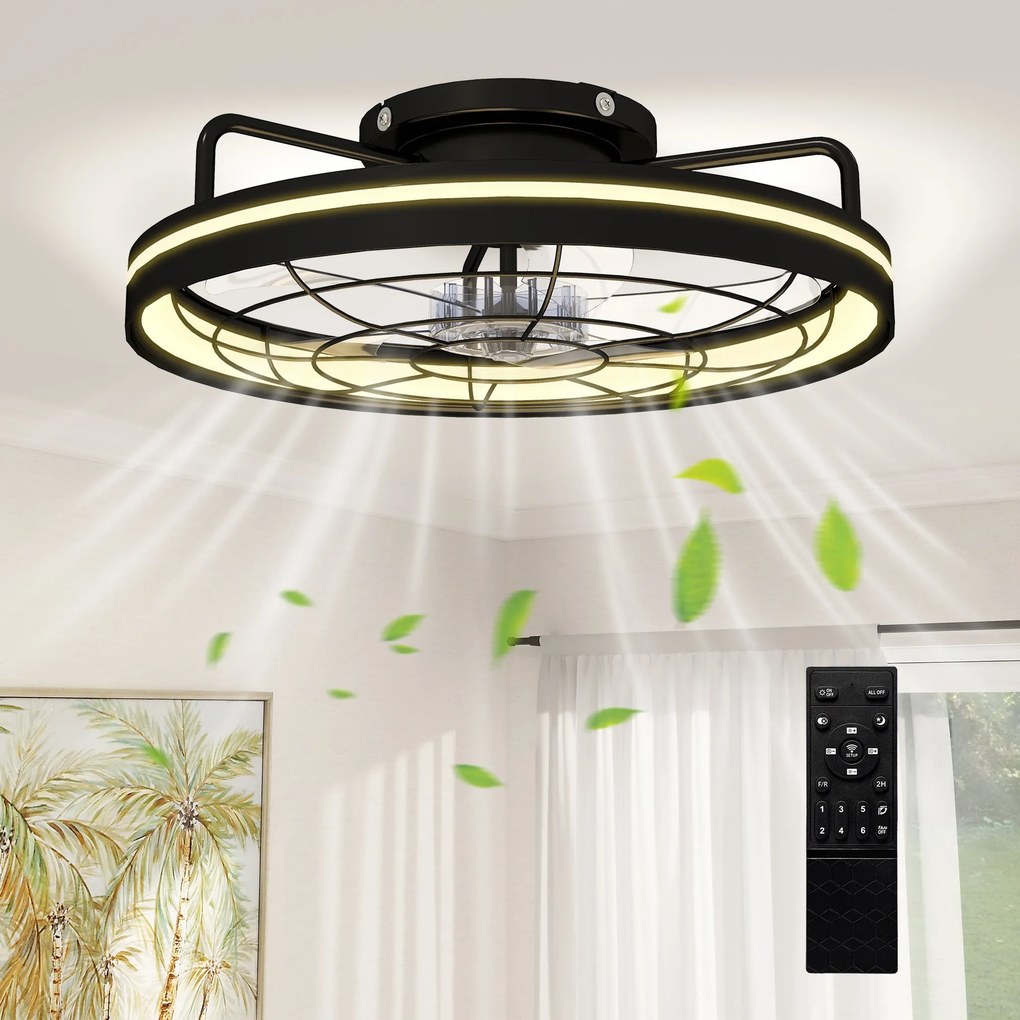 HOMCOM stropní ventilátor se světlem, dálkové ovládání, Ø48 cm, 40W LED, 3 teploty světla, časovač, 6 rychlostí, stmívatelný, tichý DC motor, černý |