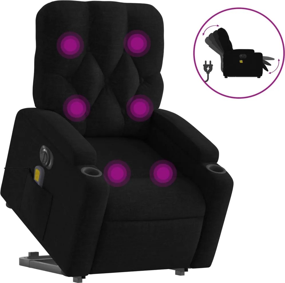 Elektrické zvedací masážní polohovací křeslo černé textil 3204748