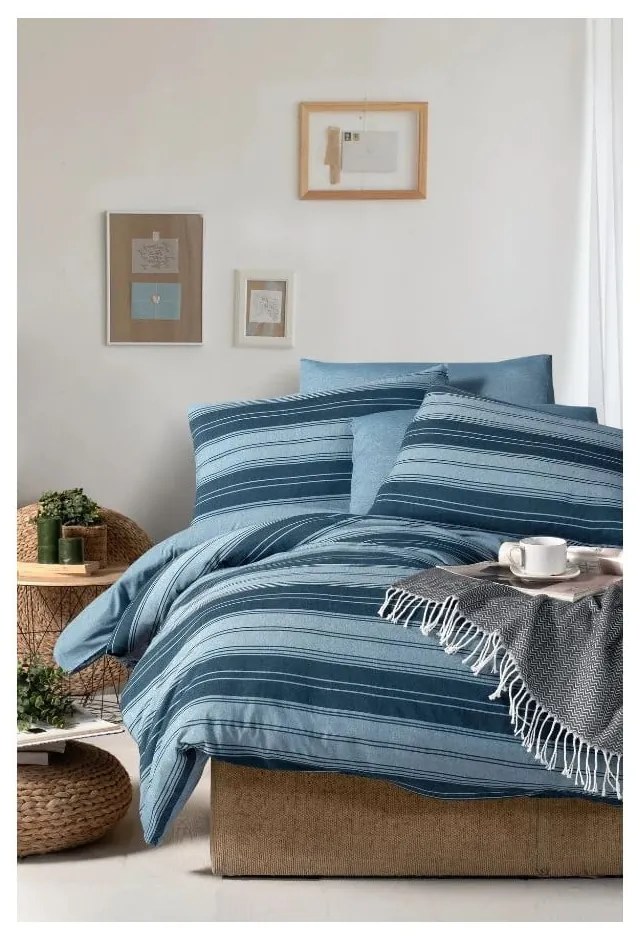 Modré 4dílné prodloužené povlečení na dvoulůžko s prostěradlem 200x220 cm Stripes – Mila Home