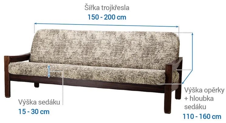 Bielastické potahy MARMO béžové trojkřeslo s dřevěnými rukojeťmi (š. 150 - 200 cm)