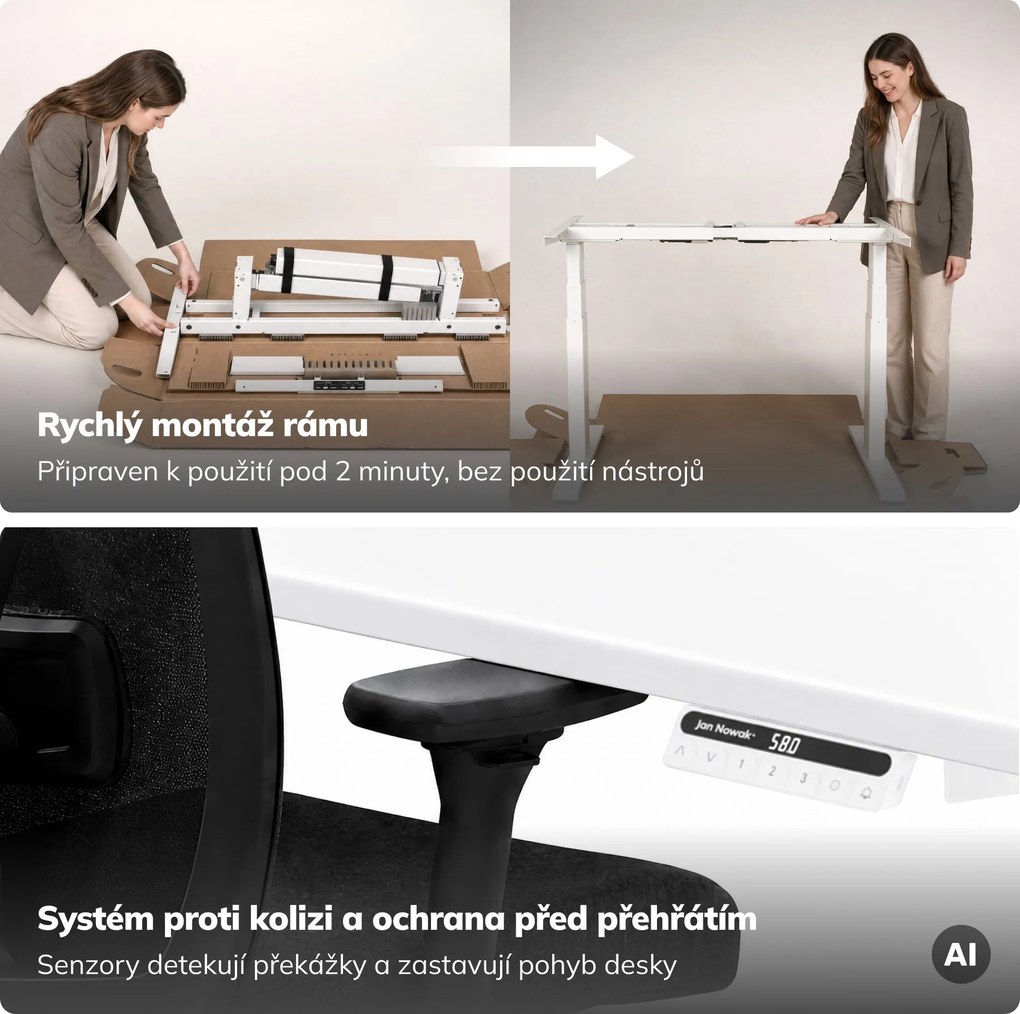 Elektrický stůl s nastavitelnou výškou ergonomický bílý,1200x600 mm: ARIA