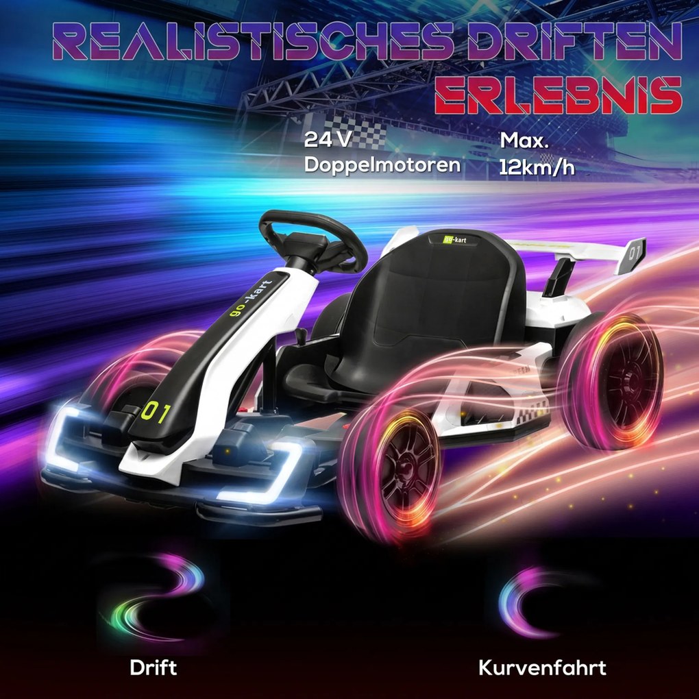 HOMCOM Elektrický Go-Kart pro Děti 6-12 Let 24V 12km/h s Nastavitelným Sedadlem, Drift Go-Kart s Klaksonem, Světly a Hudbou, Bílý