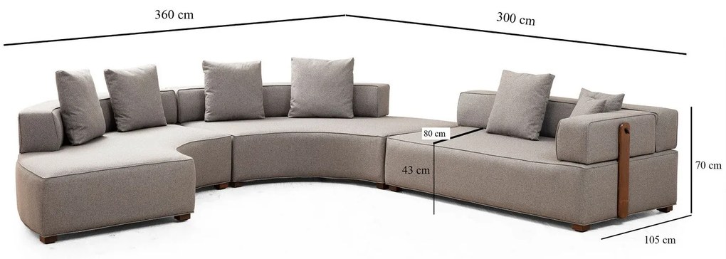 Designová rohová sedačka Galatea 360 cm šedá - levá
