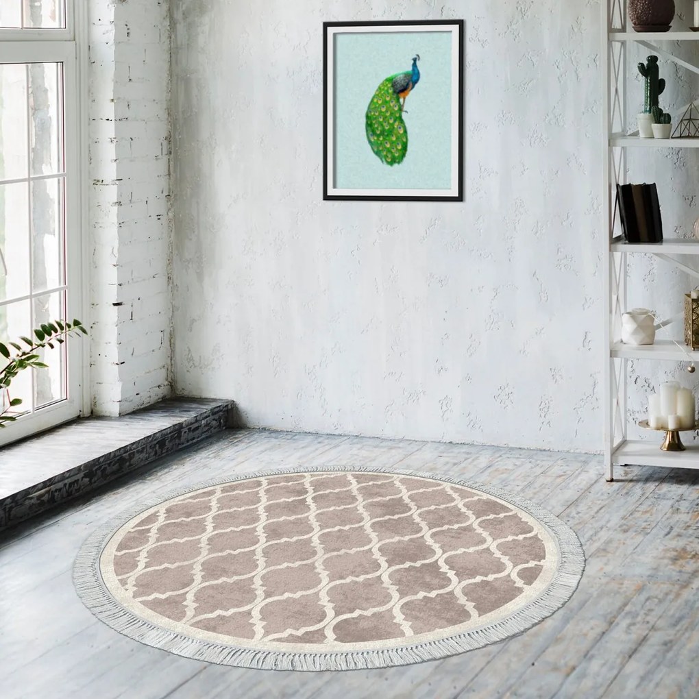 Kulatý koberec Fence 100 cm krémový/hnědý