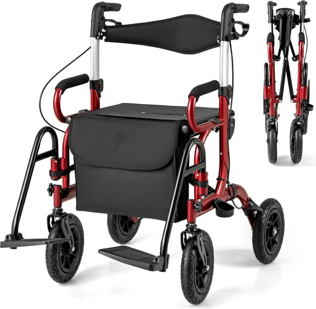 Costway Rollator s pneumatikami, skládací a lehký se sedadlem 2 v 1 invalidním