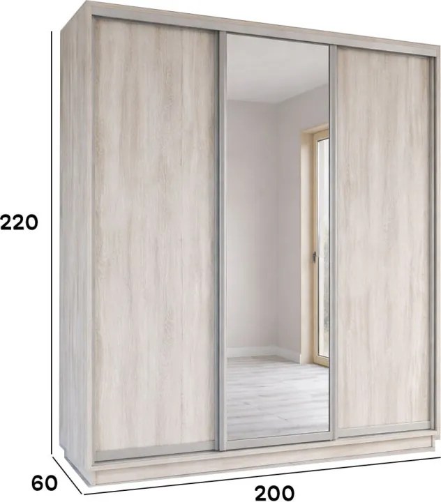 Skříň s posuvnými dveřmi 2000x2200x600 2LTD 1 Zrcadlo Artwood světlý, profil stříbrný