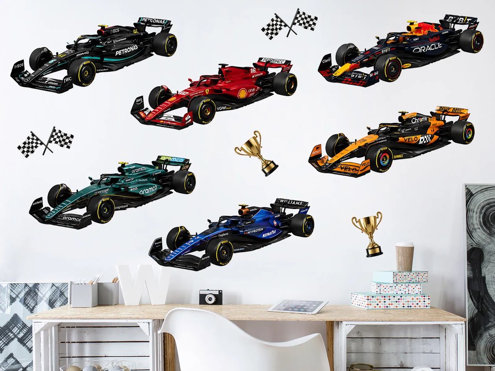 Barevné formule F1 automobilové samolepky na zeď arch 75 x 42 cm