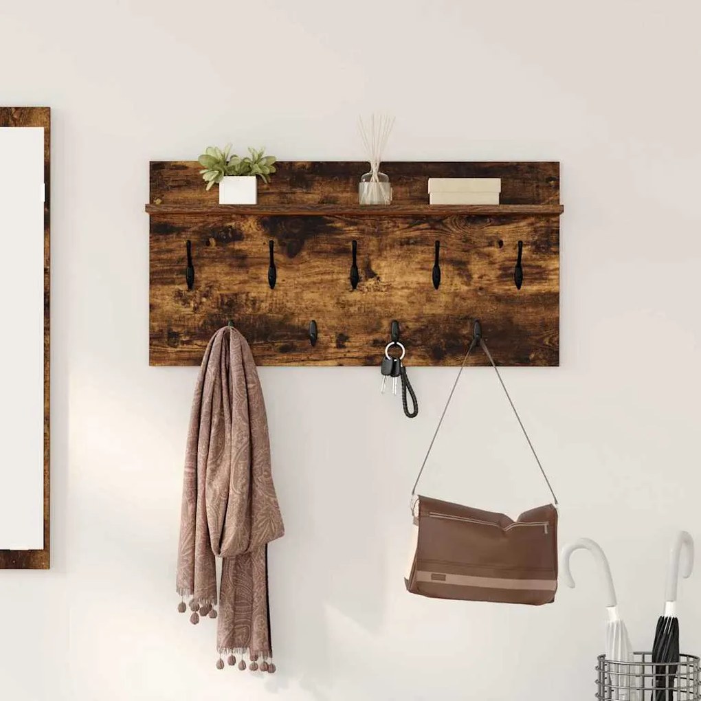 věšák, nástěnný, 1 prkno, háčky, kompozitní dřevo, 40x80x12 cm, kouřový dub, Dekorino TK20260018