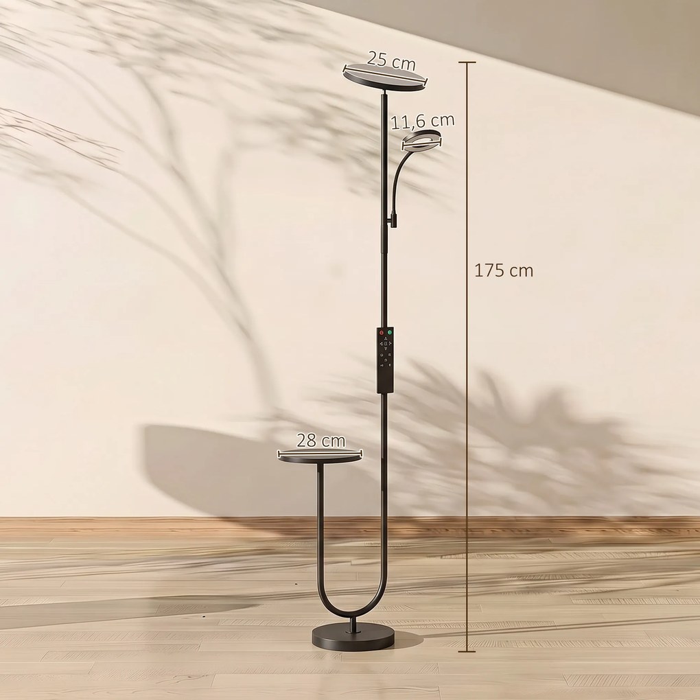 HOMCOM LED stropní reflektor s odkládacím stolkem a čtecí lampou, stmívatelná stojací lampa s dálkovým ovládáním, 4 barevné teploty