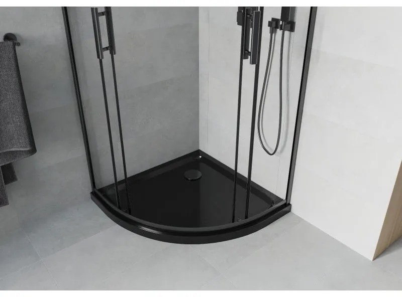 Mexen Rio, čtvrtkruhový sprchový kout s posuvnými dveřmi 80 x 80 cm, 5mm čiré sklo, černý profil + černá sprchová vanička, 863-080-080-70-00-4170B