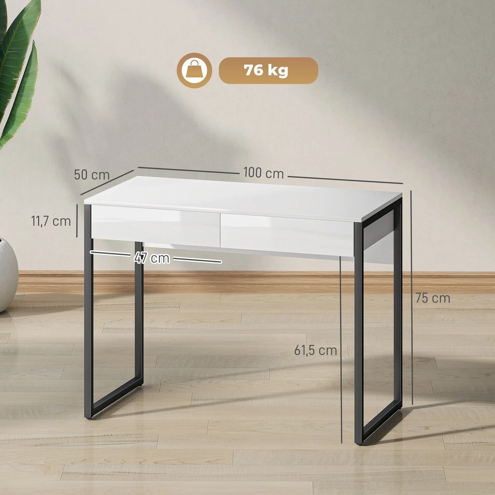 HOMCOM počítačový stůl 100 x 50 cm – ocelový rám, 2 zásuvky, kompaktní do domácí kanceláře, černý
