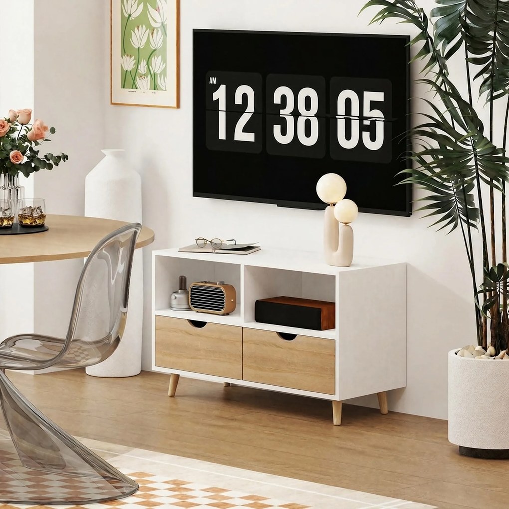 HOMCOM TV skříňka s 2 policemi a zásuvkou, 99 cm dlouhý TV stolek pro televizi, TV jednotka do obývacího pokoje, Bílá, 99 x 39 x 58,3 cm