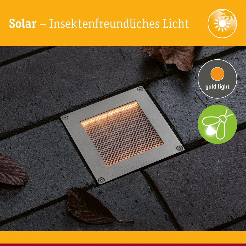 P 95743 Solární LED zemní svítidlo Sorea soumrakový senzor IP67 hranaté 100x100mm 2200K 0,1W 5lm 3,7V kov kartáčovaný ABS/polykarbonát/ocel - PAULMANN