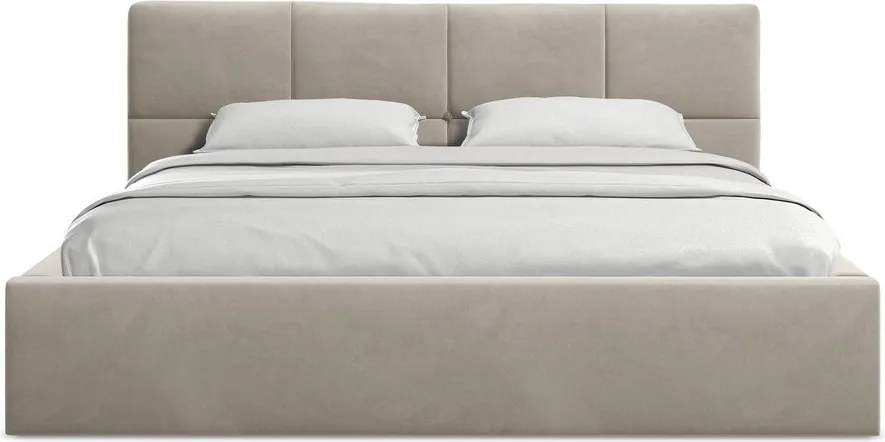 Taupe sametová čalouněná dvoulůžková postel s úložným prostorem s roštem 140x200 cm Hiko – Makamii
