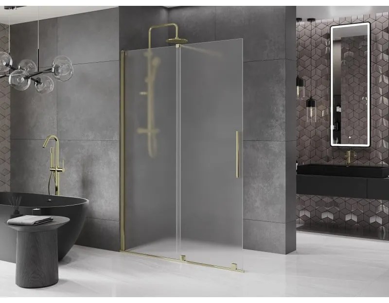 Mexen Velar, sprchová zástěna s posuvnými dveřmi Walk-in 130 x 200 cm, 8mm sklo námraza, zlatá lesklá, 871-130-000-33-50