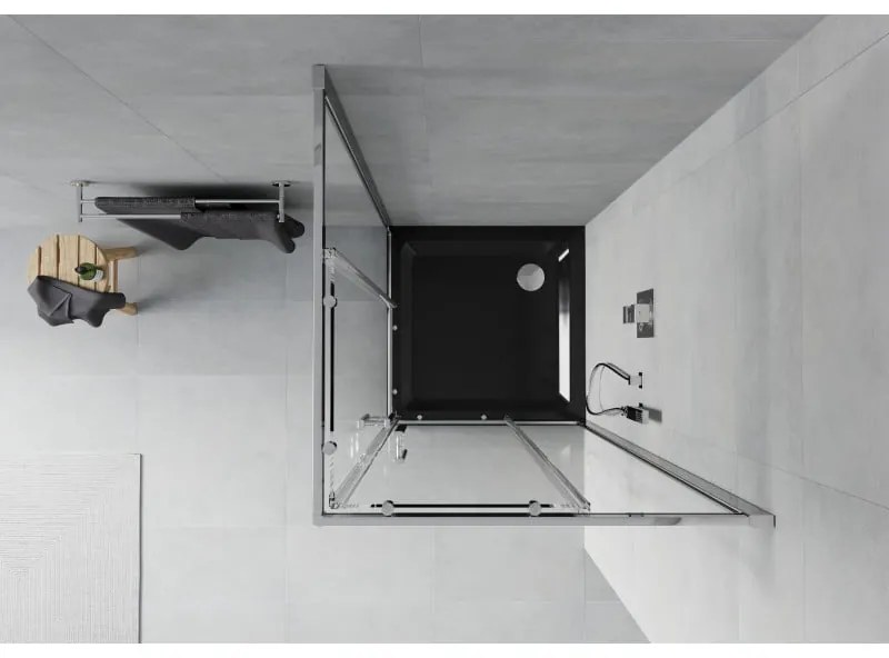 Mexen Rio, čtvercový sprchový kout s posuvnými dveřmi 80 x 80 cm, 5mm čiré sklo, chromový profil + černá sprchová vanička, 860-080-080-01-00-4070