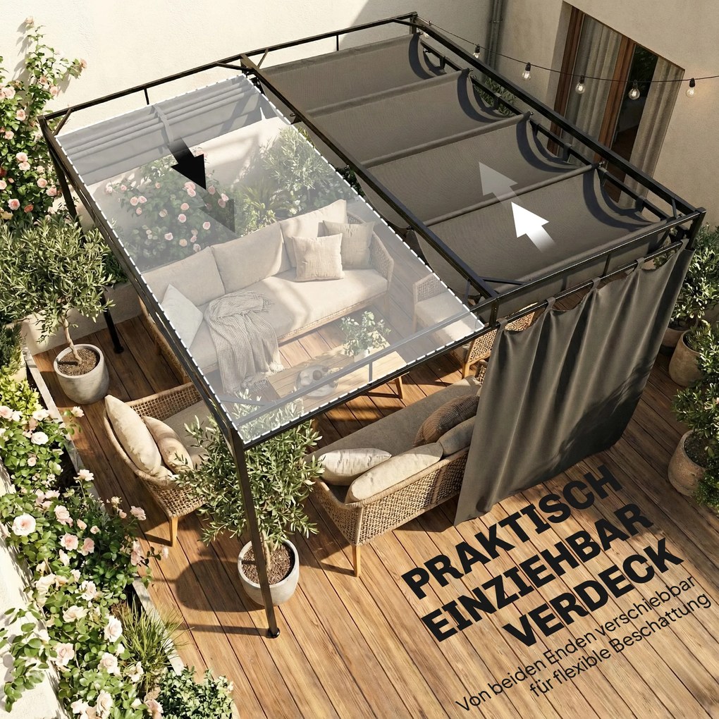 Pergola Pavillon 3x3m Wasserabweisend Sonnenschutz mit verstellbares Schiebedach Vorhängen, freistehend