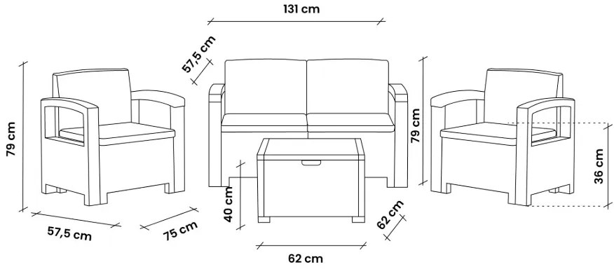 Idea Zahradní ratan set SAN DIEGO pohovka + 2 křesla + stůl + polstry antracit