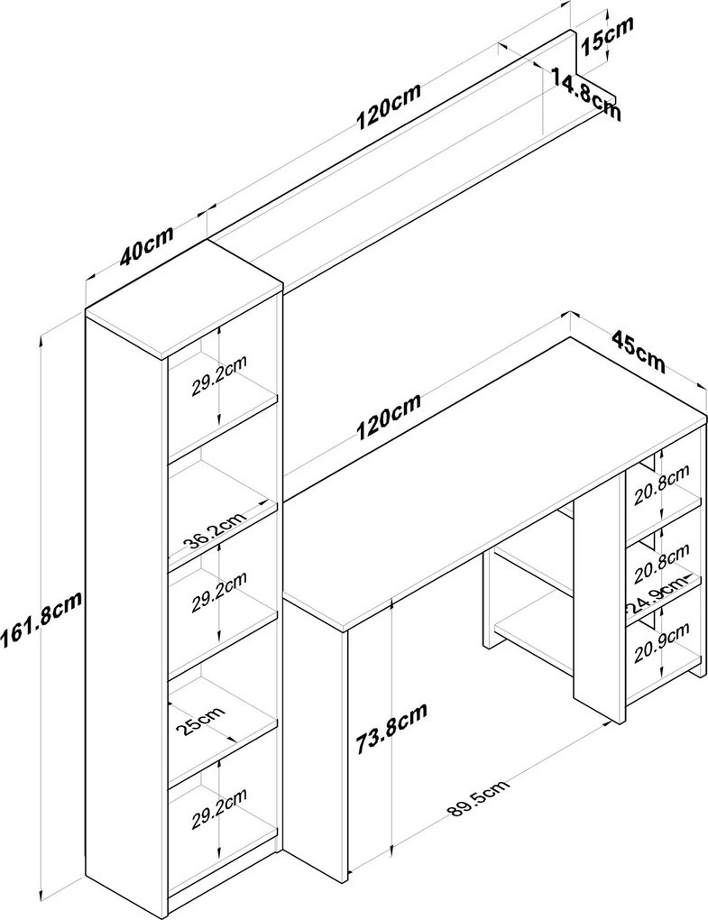 Moderní sada Megis s psacím stolem, knihovnou a policí ořech/antracit