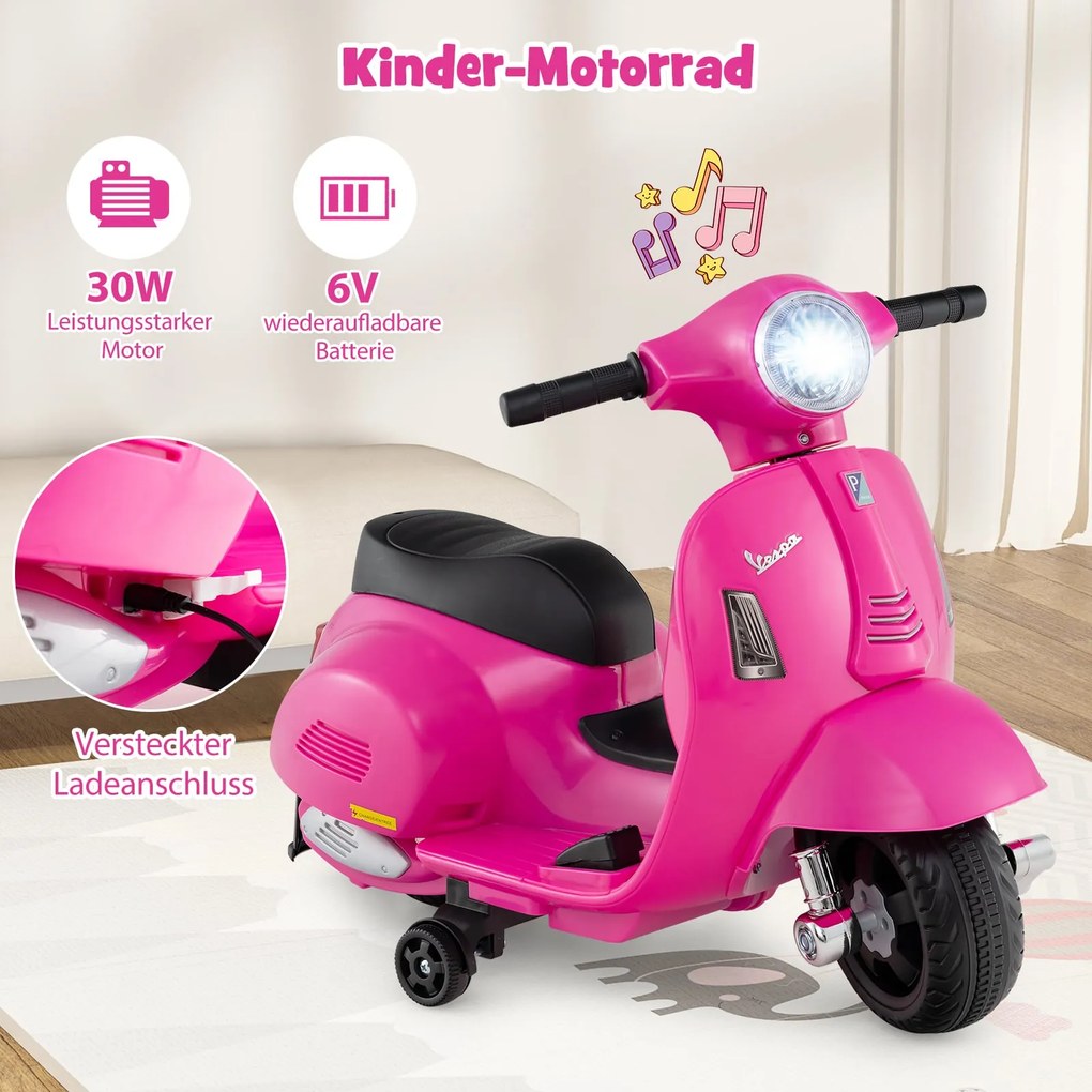 Costway Licencovaná dětská elektrická motorka Vespa 6 V bateriový motocykl s LED