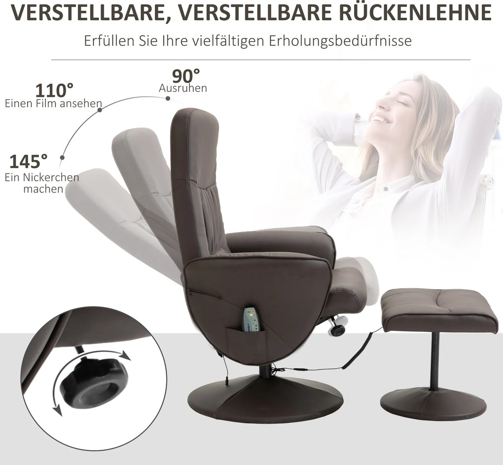 HOMCOM 2-St TV křeslo s funkcí polohování 360° otočné polohovací křeslo s 10 masážními body v imitaci kůže v hnědé barvě Š76 x D81 x V105 cm | Aosom.…