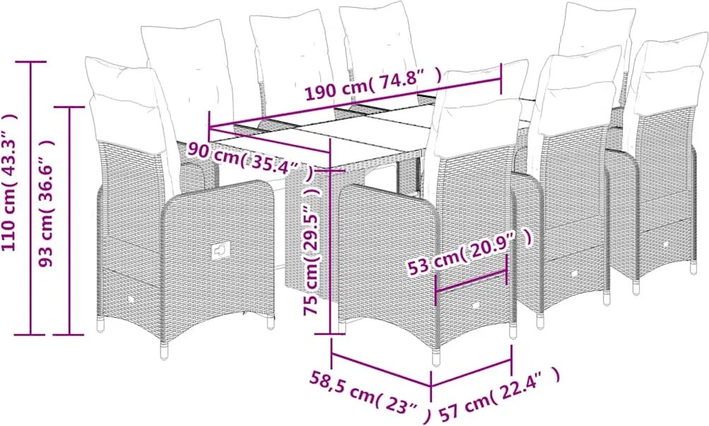 9dílný zahradní bistro set s poduškami hnědý polyratan 3277194