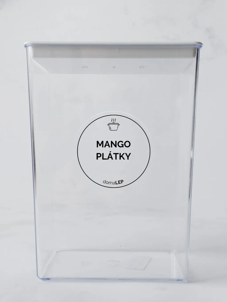 MANGO PLÁTKY – průhledná samolepka na dózu, tučné písmo, 5 cm | DomaLEP