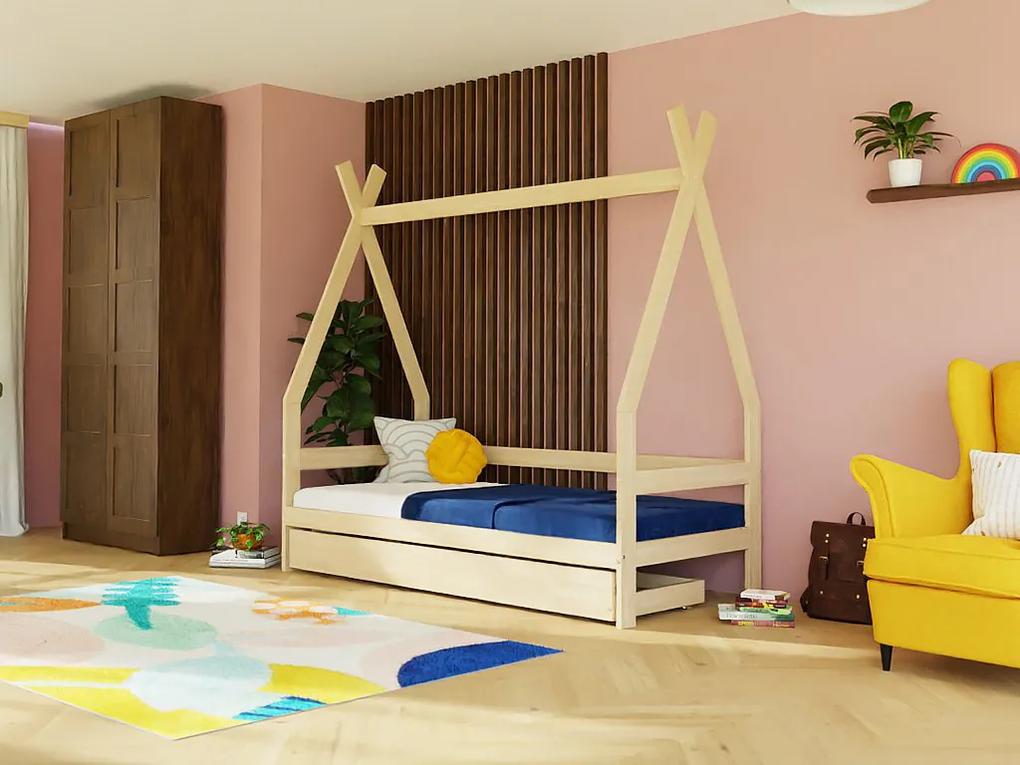 Benlemi Dětská dřevěná postel SAFE 5v1 ve tvaru teepee se zábranou a úložným šuplíkem Zvolte barvu: Bílá, Zvolte rozměr: 90x200 cm, Zvolte zábranu: S otevřeným vstupem