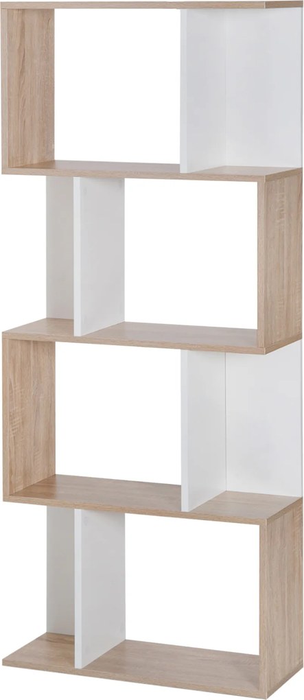 HOMCOM Moderní Regál S Tvarovým Designem, 4 Poličky, 60 Š x 24 H x 148 V cm, Dub Bílý