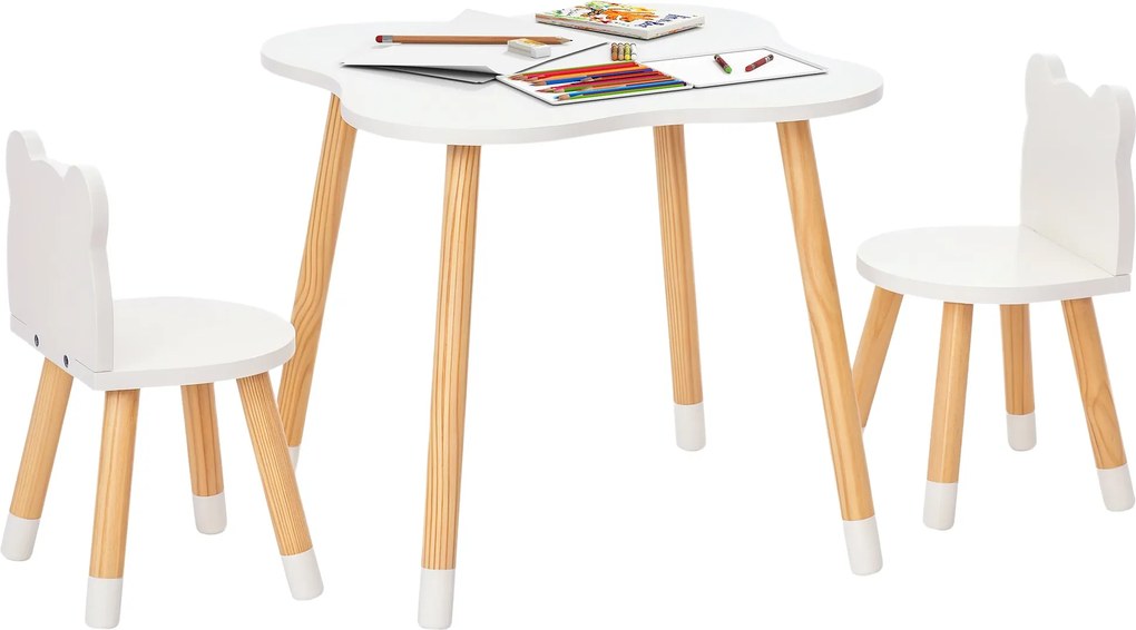 Sada stolu a 2 židlí HOMCOM pro děti - Dřevěný nábytek do dětského pokoje a herny 56x56x50 cm a židle 28x25x46 cm Přírodní a bílá | Aosom