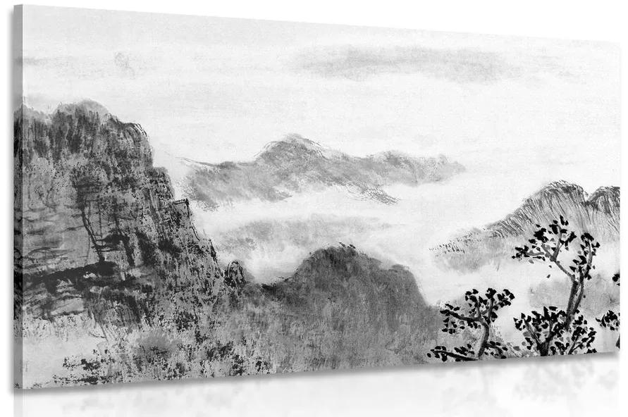 Obraz tradiční čínská malba krajiny v černobílém provedení Varianta: 120x80