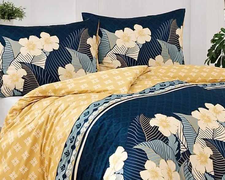 Matějovský povlečení VALENTINO, květinový vzor, modro-žlutá, bavlna hladká, 140x200cm + 70x90cm