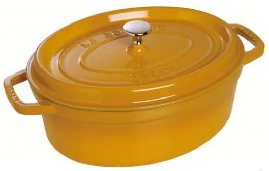 Oválný litinový hrnec s poklicí Staub Cocotte, hořčicová, 31 cm / 5,5 l