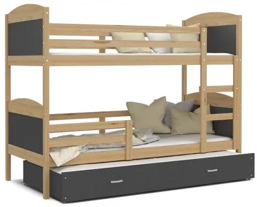 DOBRESNY Dětská patrová postel MATYAS 3 90x200cm s borovic. konstrukcí v šedé barvě s přistýlkou