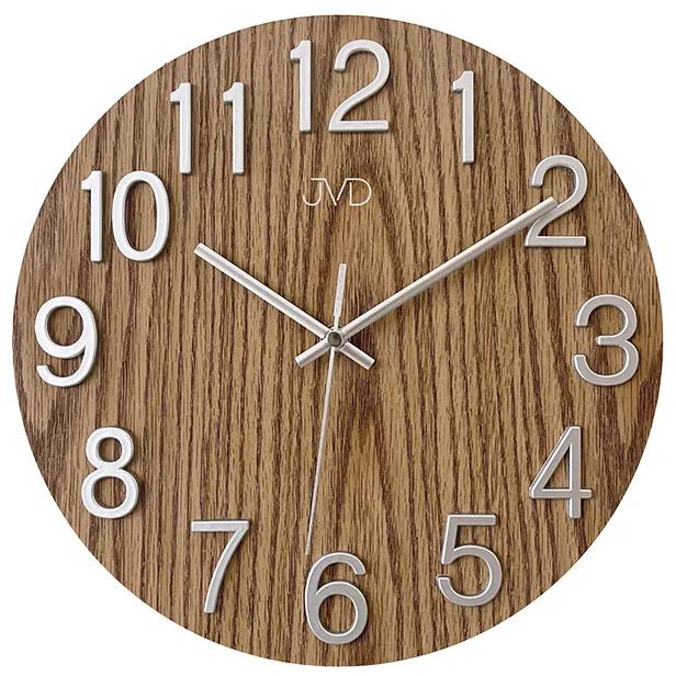 JVD Skleněné kulaté hnědé čitelné nástěnné hodiny v imitaci dřeva JVD HT98.9