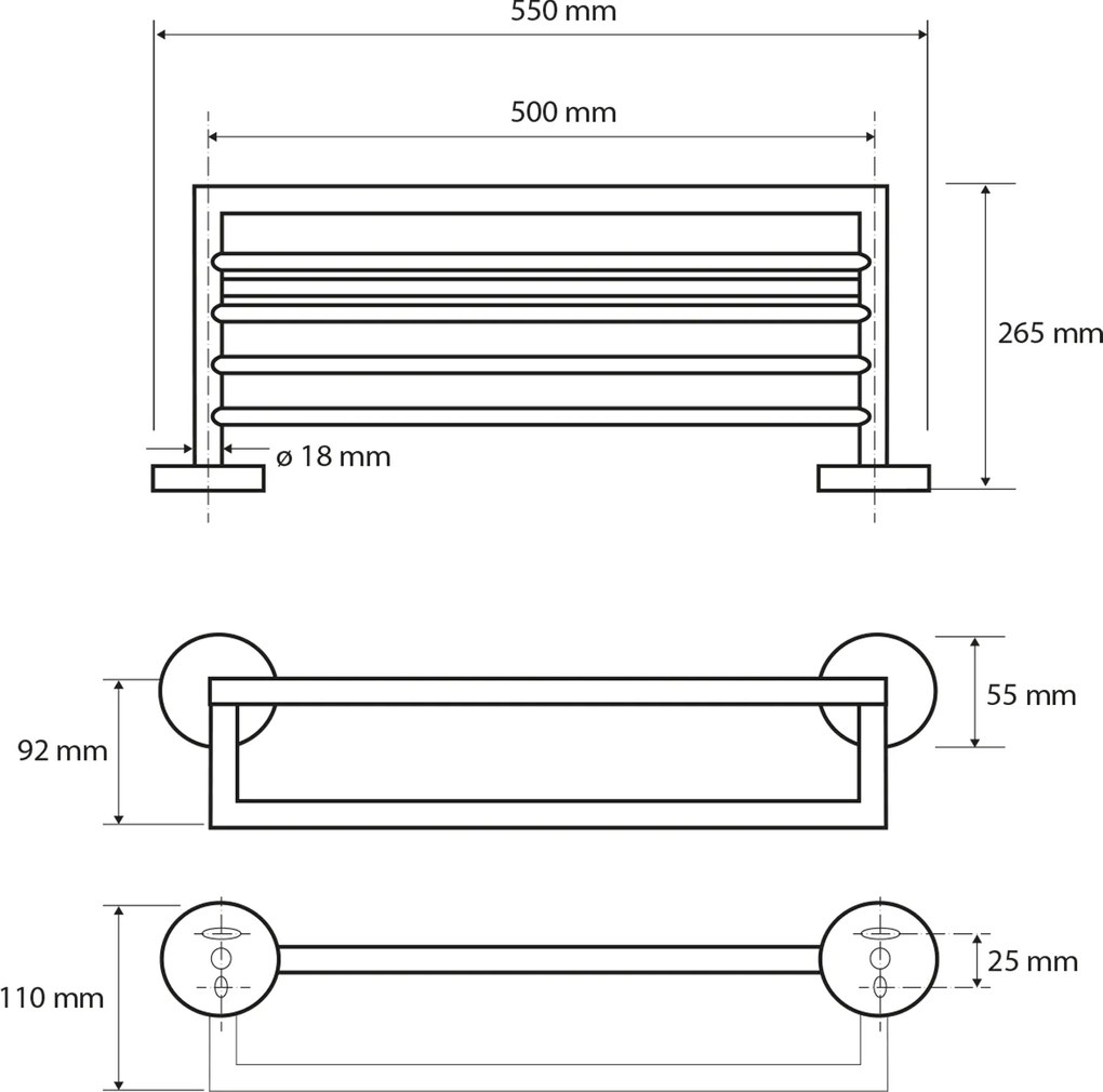 Sapho Sapho, X-ROUND polička na ručníky s hrazdou 500mm, černá, XR421B