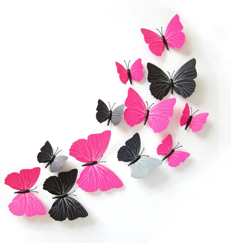 Samolepka na zeď "Plastové černé 3D motýli" 12 ks 6-12 cm