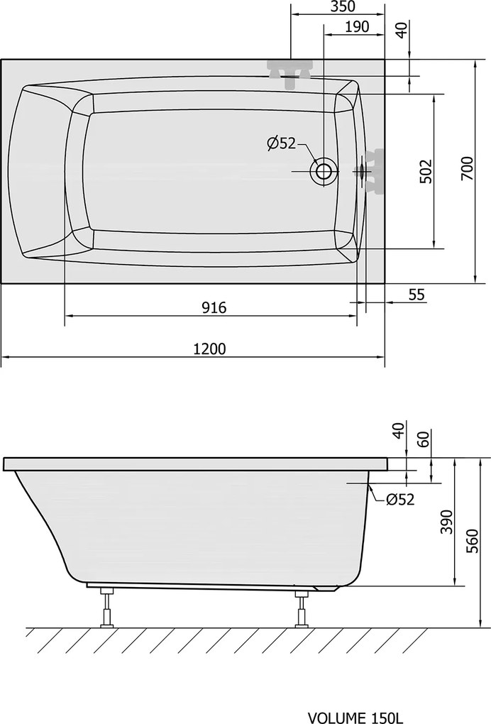 Polysan, LILY obdélníková vana 120x70x39cm, bílá, 25111