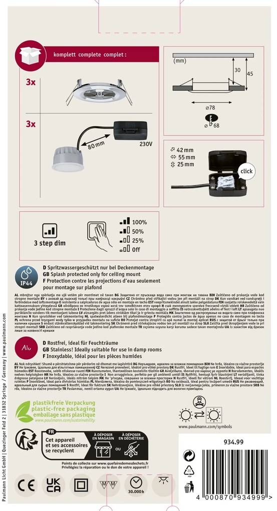 Paulmann 93499 LED Coin Nova round, set kulatých bodovek v chromové úpravě, LED 3x6,5W 2700K tříkrokové stmívání, prům. 7,8cm